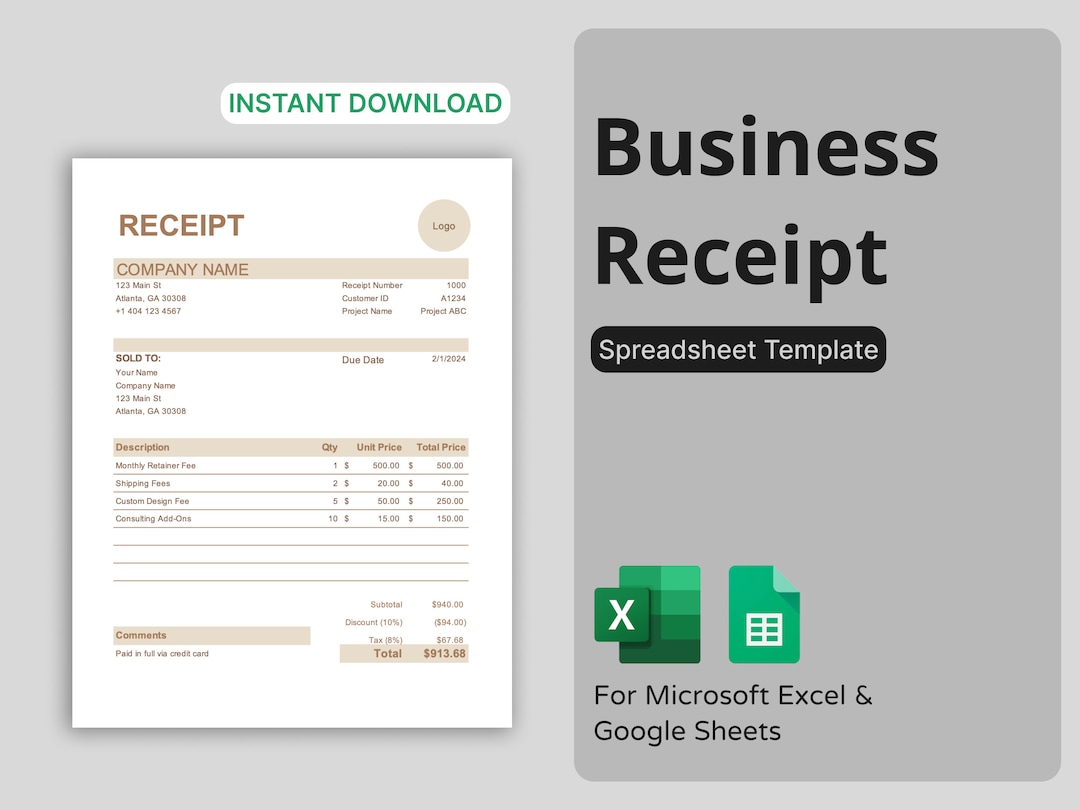 Business Receipt Template for Microsoft Excel & Google Sheets (tan ...