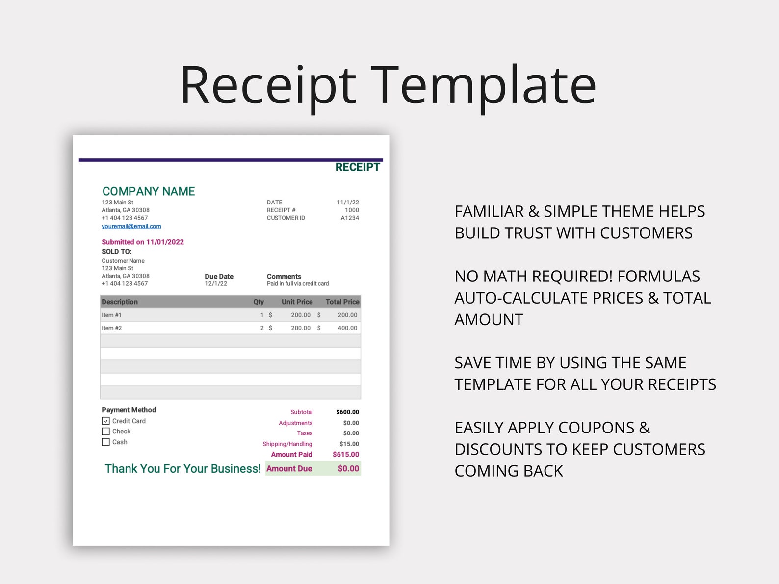 Invoice & Receipt Templates for Microsoft Excel/google Sheets ...