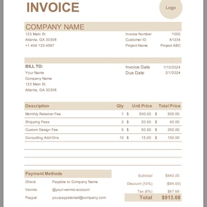 Invoice & Receipt Templates for Microsoft Excel/google Sheets Business ...