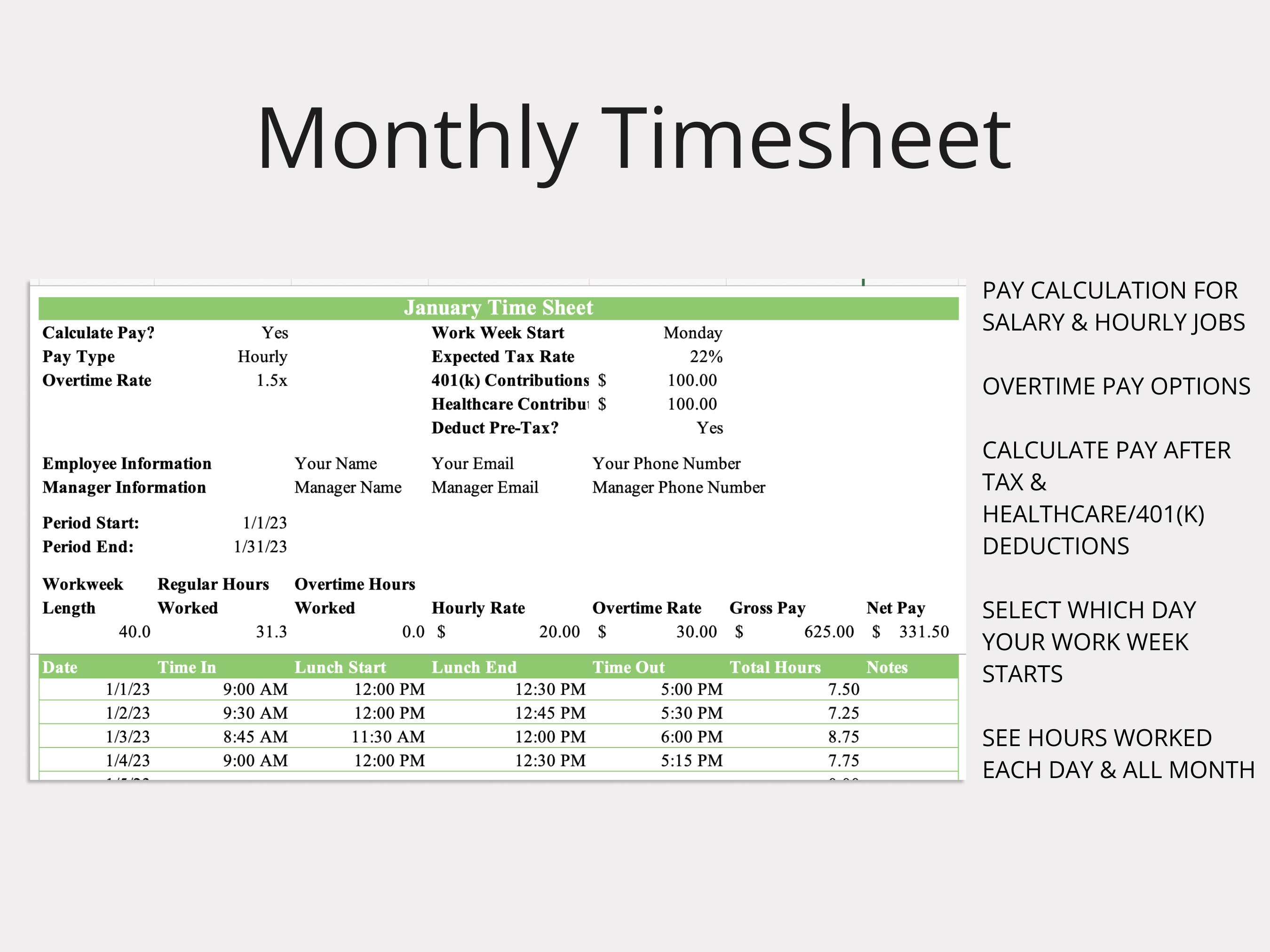 Enhanced Monthly Timesheet Template for Microsoft Excel & Google Sheets ...
