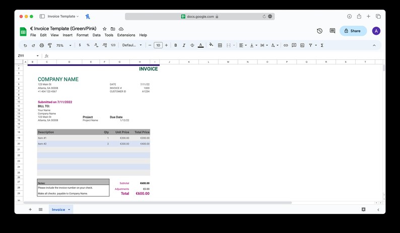 Business Invoice Template euro for Microsoft Excel & Google Sheets Easy ...