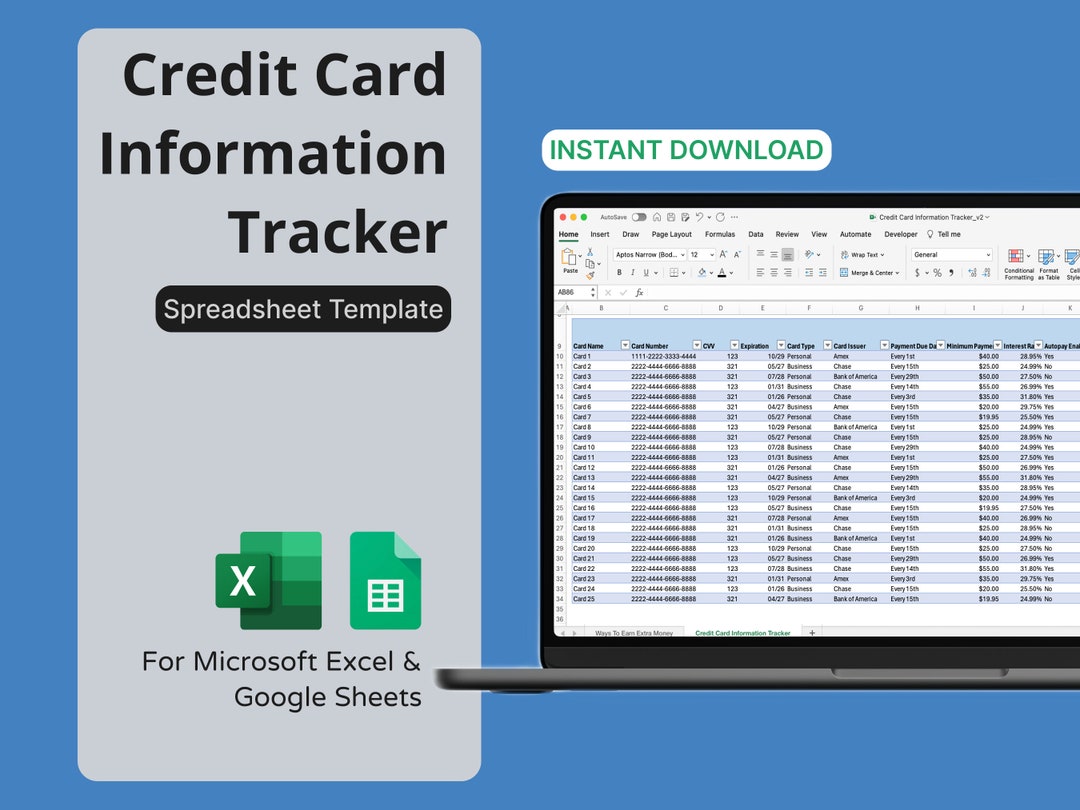 Credit Card Information Spreadsheet - Microsoft Excel & Google Sheets ...