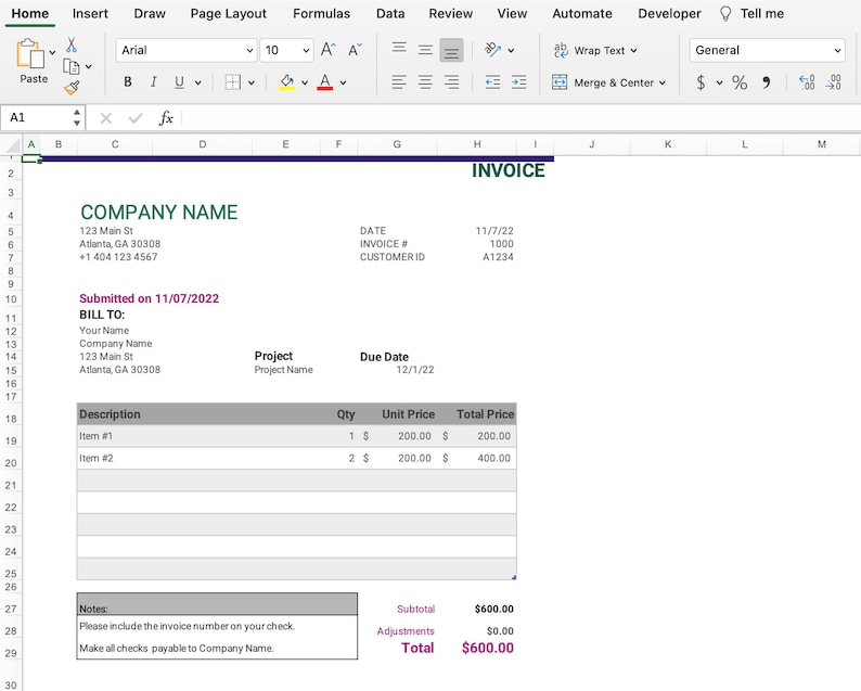 Invoice Template for Microsoft Excel & Google Sheets Easy to Use ...