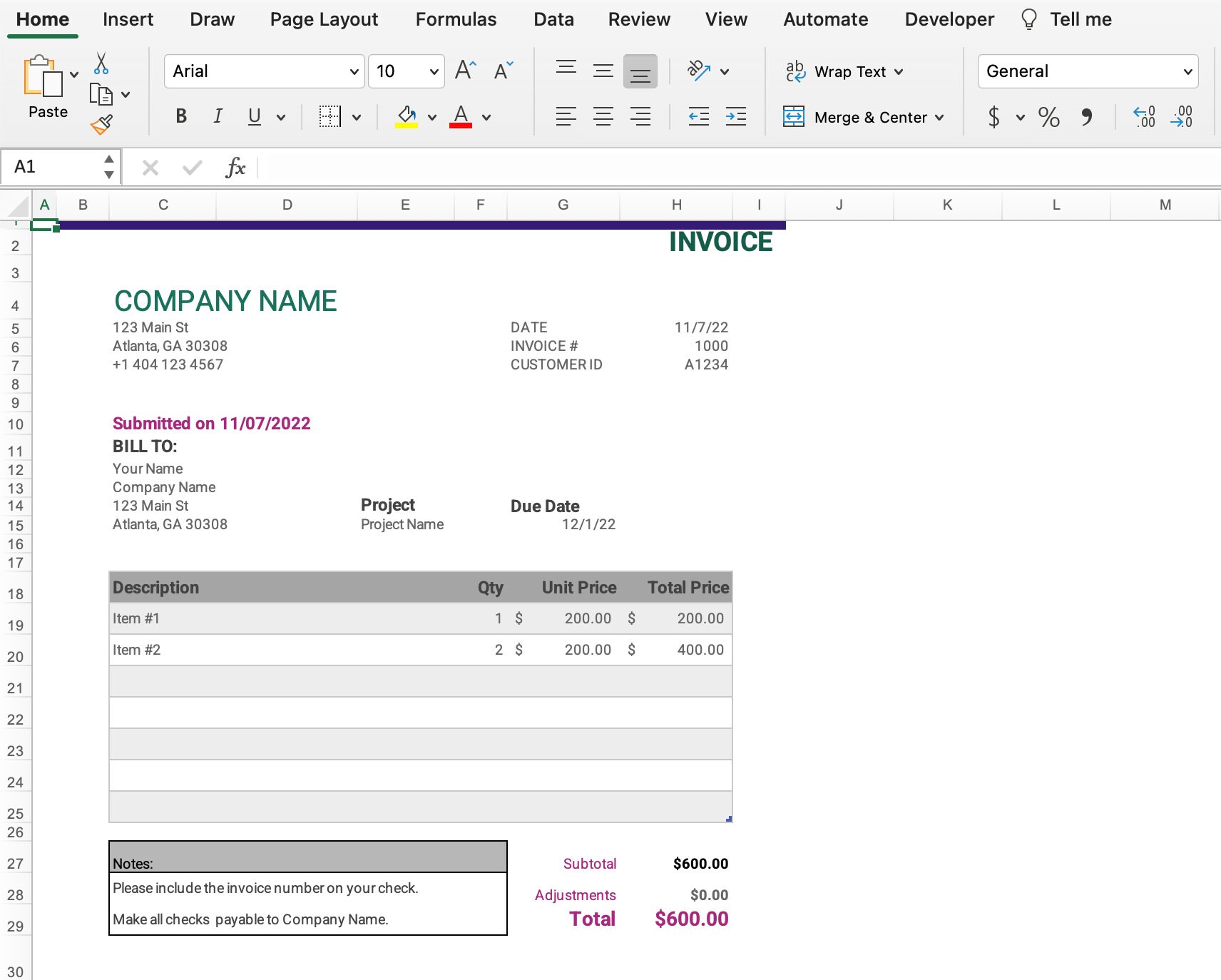 Invoice Template for Microsoft Excel & Google Sheets Easy to Use ...