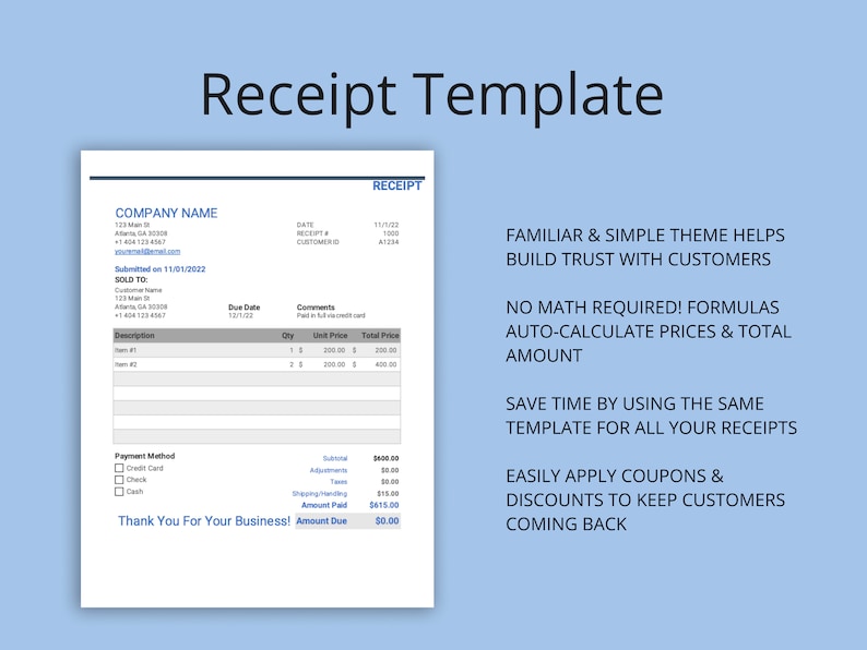 Business Receipt Template for Microsoft Excel & Google Sheets (blue ...
