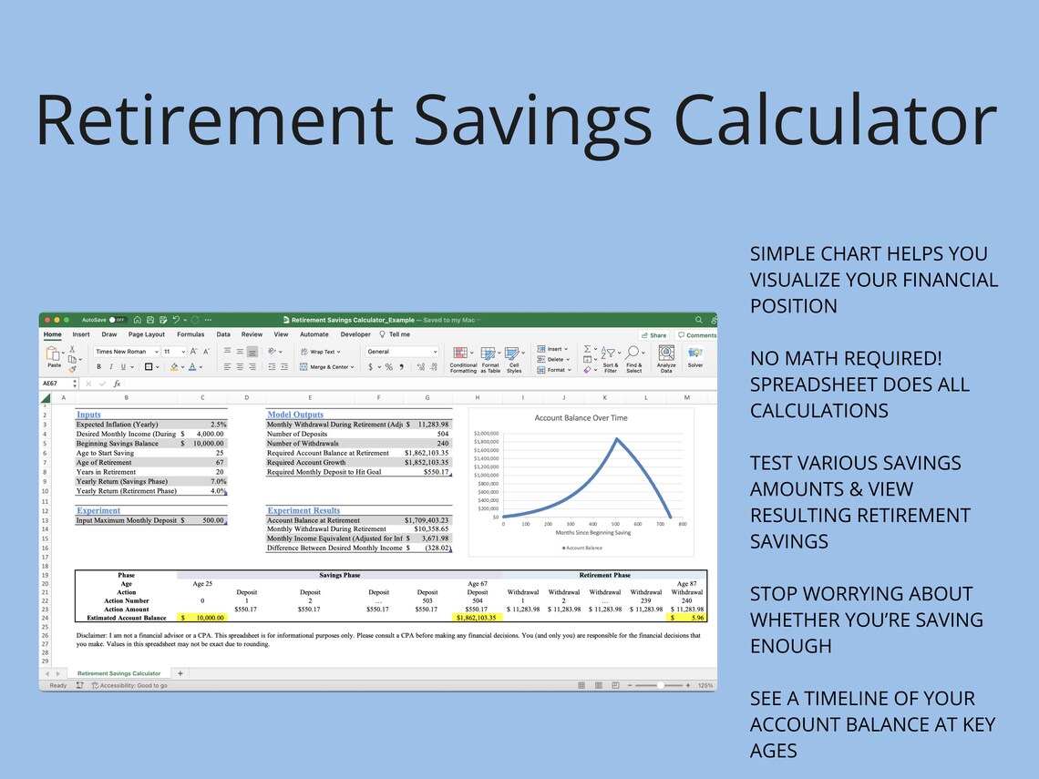 Retirement Savings Calculator for Microsoft Excel & Google Sheets (blue ...