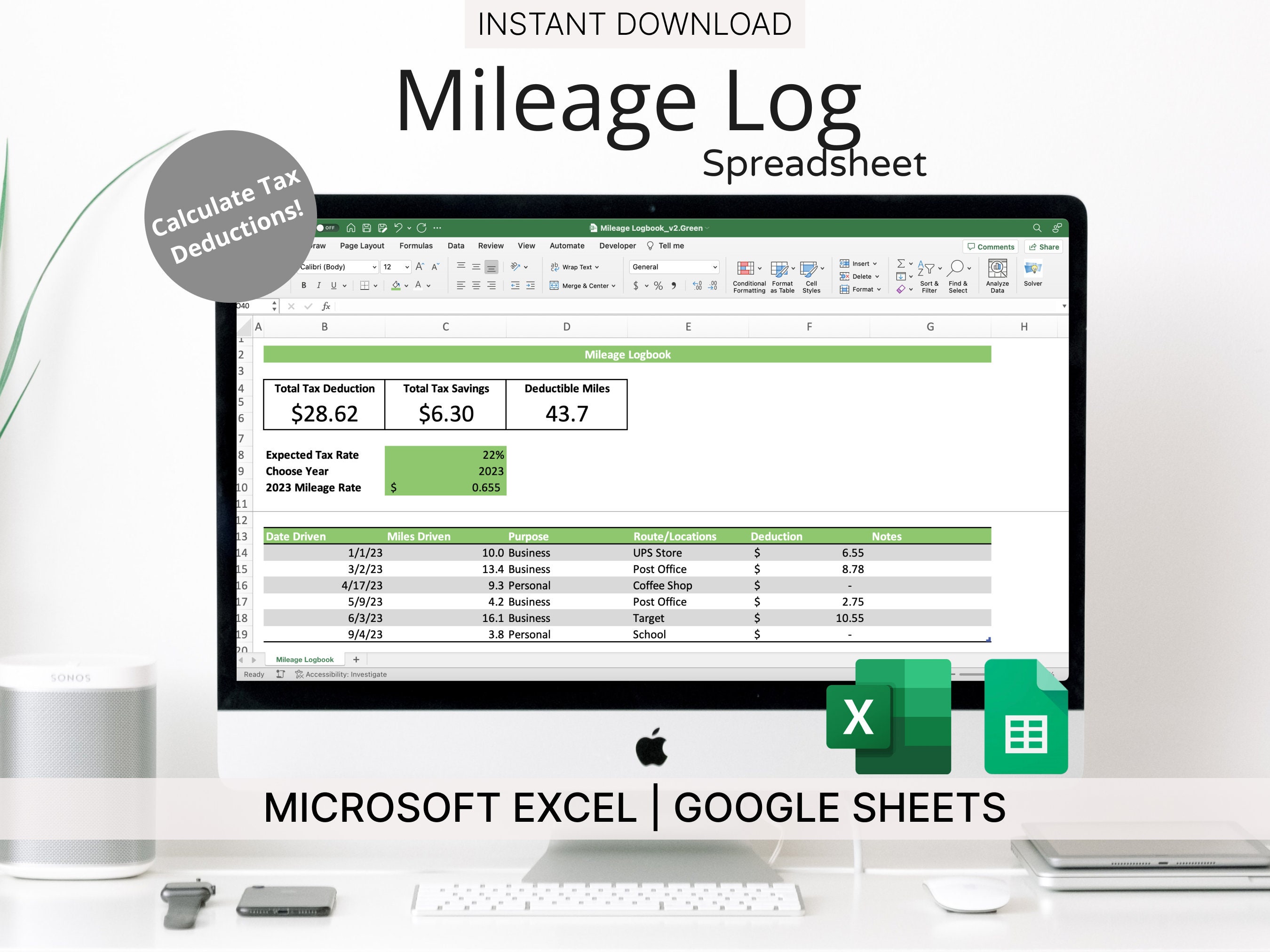 Microsoft Excel Mileage Log Template