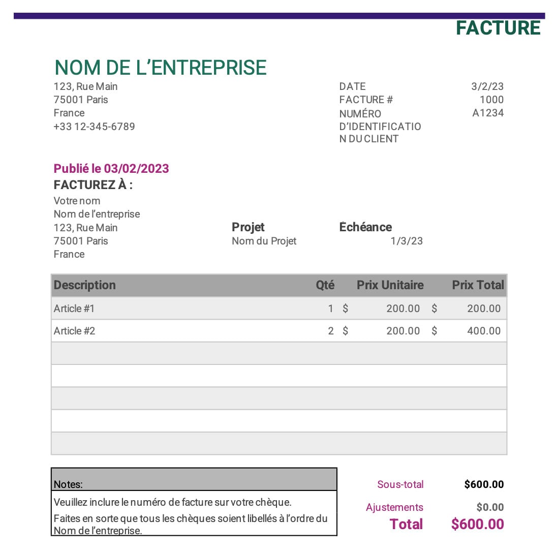 Modèle De Facture Pour Microsoft Excel Et Google Sheets Modèle Facile à ...