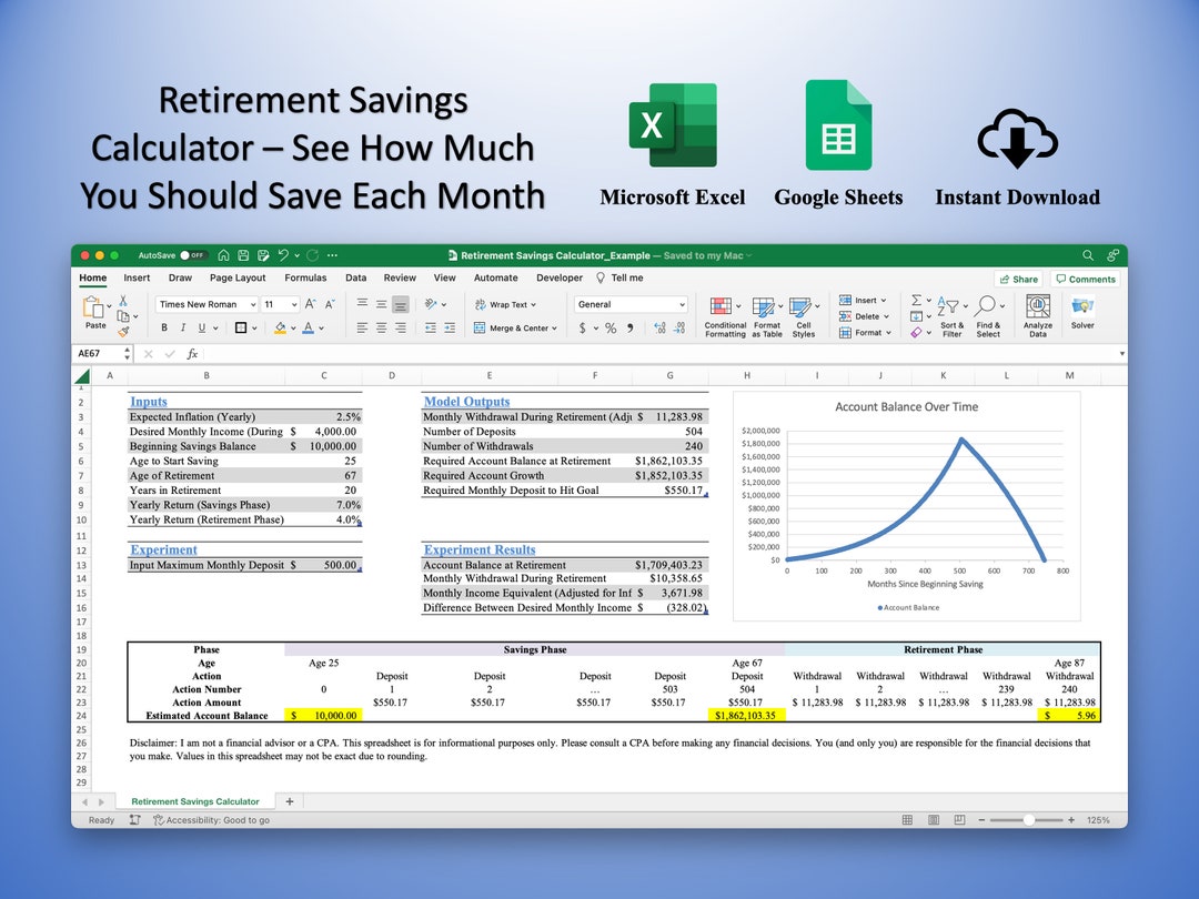 Retirement Savings Calculator for Microsoft Excel & Google Sheets blue Financial Planner ...
