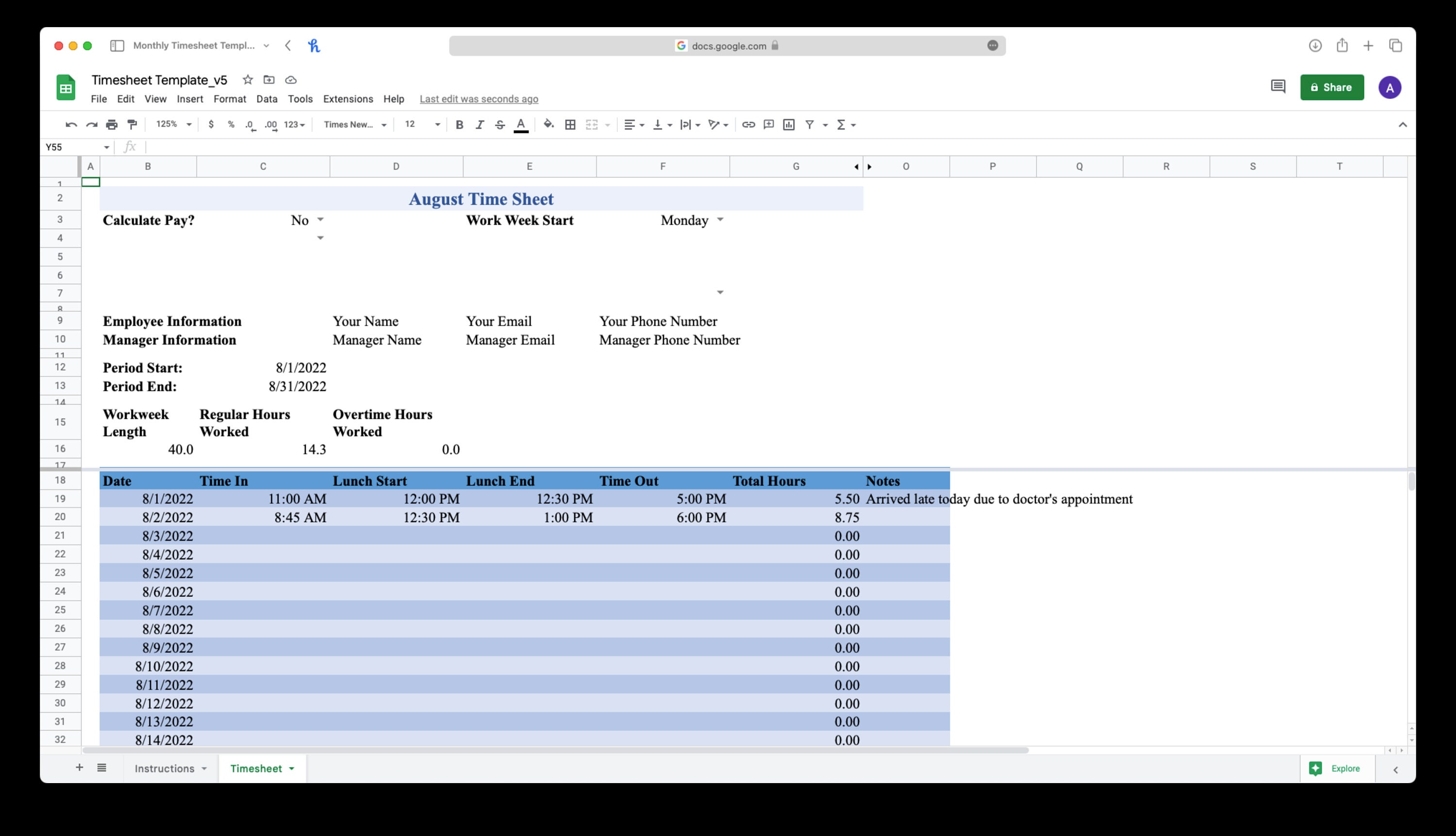 Enhanced Monthly Timesheet Template for Microsoft Excel & Google Sheets ...