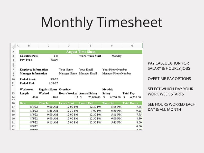 Monthly Timesheet Template (green) | Excel & Google Sheets | Track ...