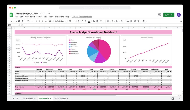 Budget Spreadsheet for Microsoft Excel & Google Sheets pink - Etsy