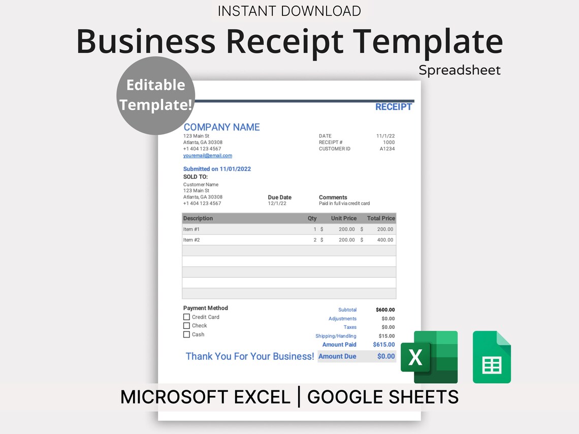 Business Receipt Template for Microsoft Excel & Google Sheets (blue ...