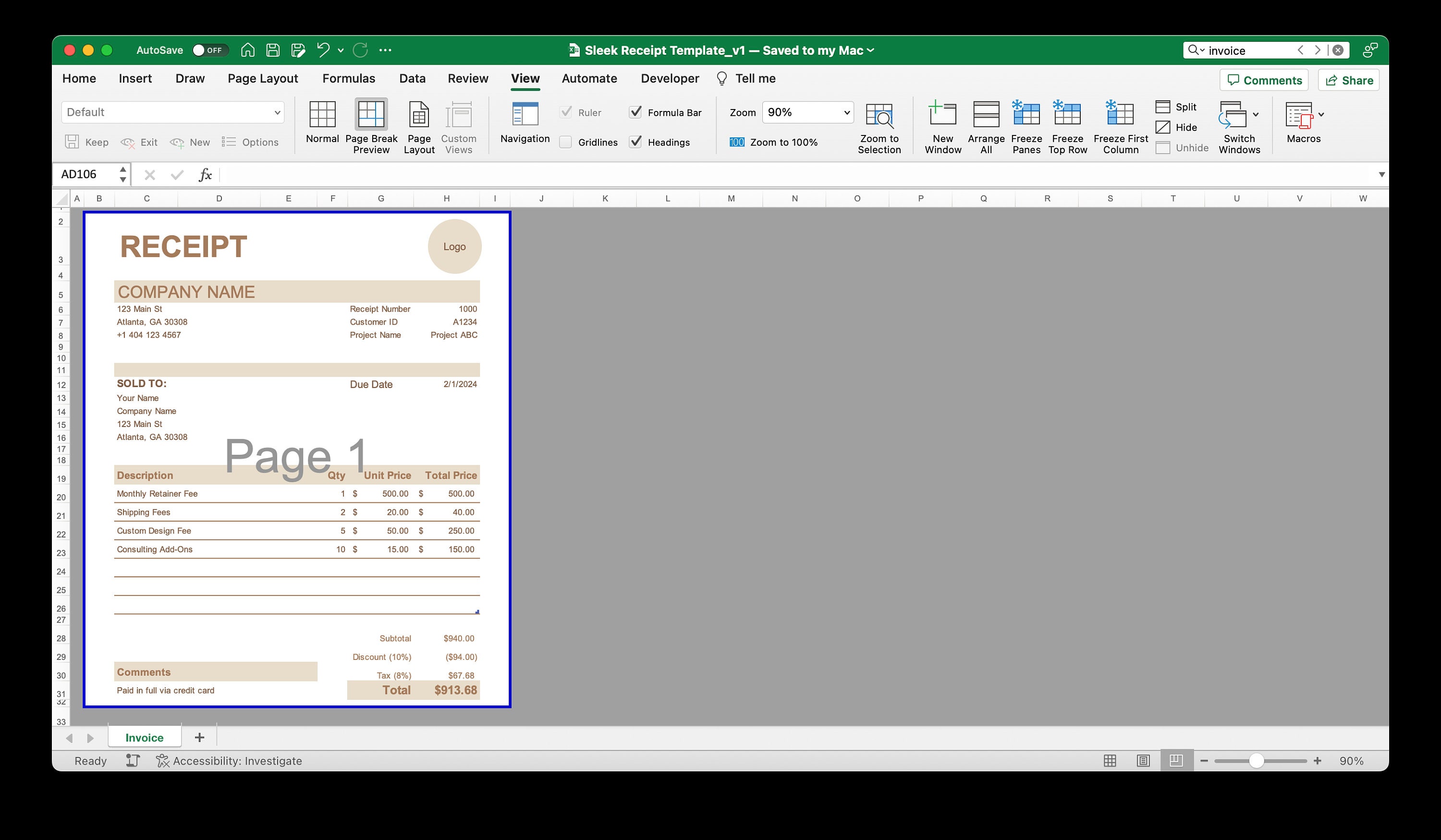 Business Receipt Template for Microsoft Excel & Google Sheets (tan ...
