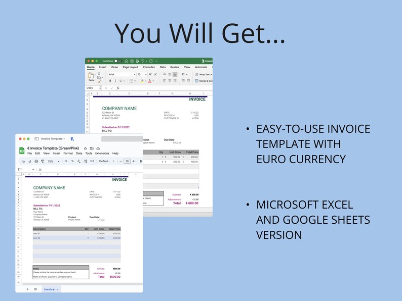 Business Invoice Template (euro) for Microsoft Excel & Google Sheets ...