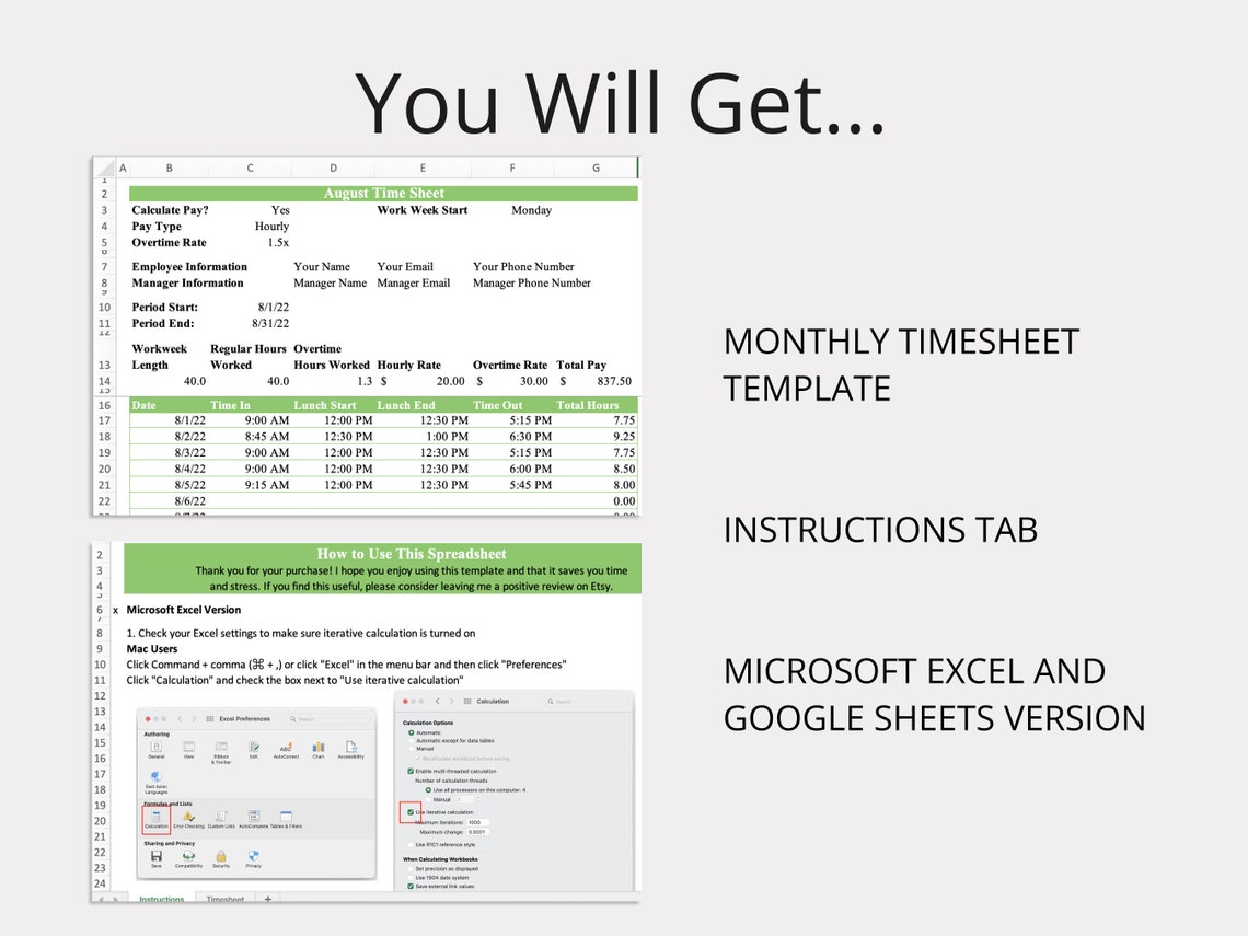 Timesheet Template for Microsoft Excel & Google Sheets green Track ...