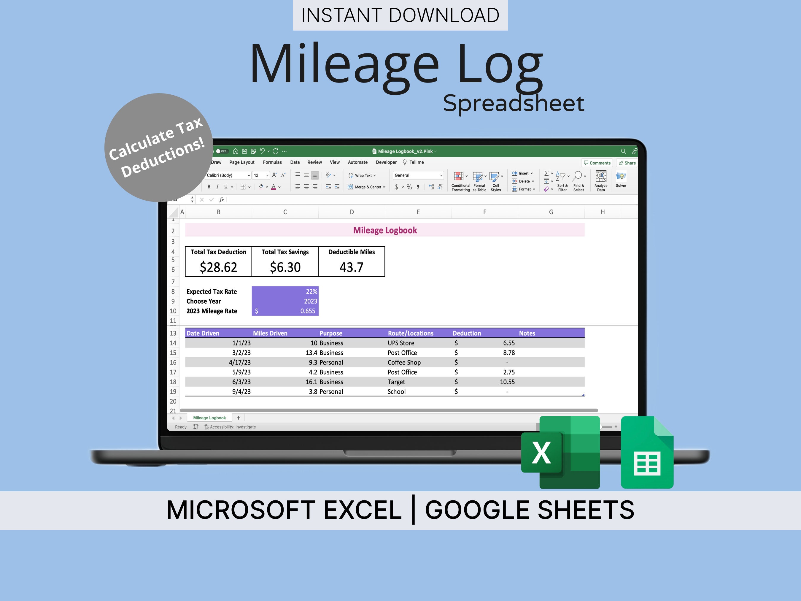 Mileage Logbook Tracker Template pink for Microsoft Excel & Google ...