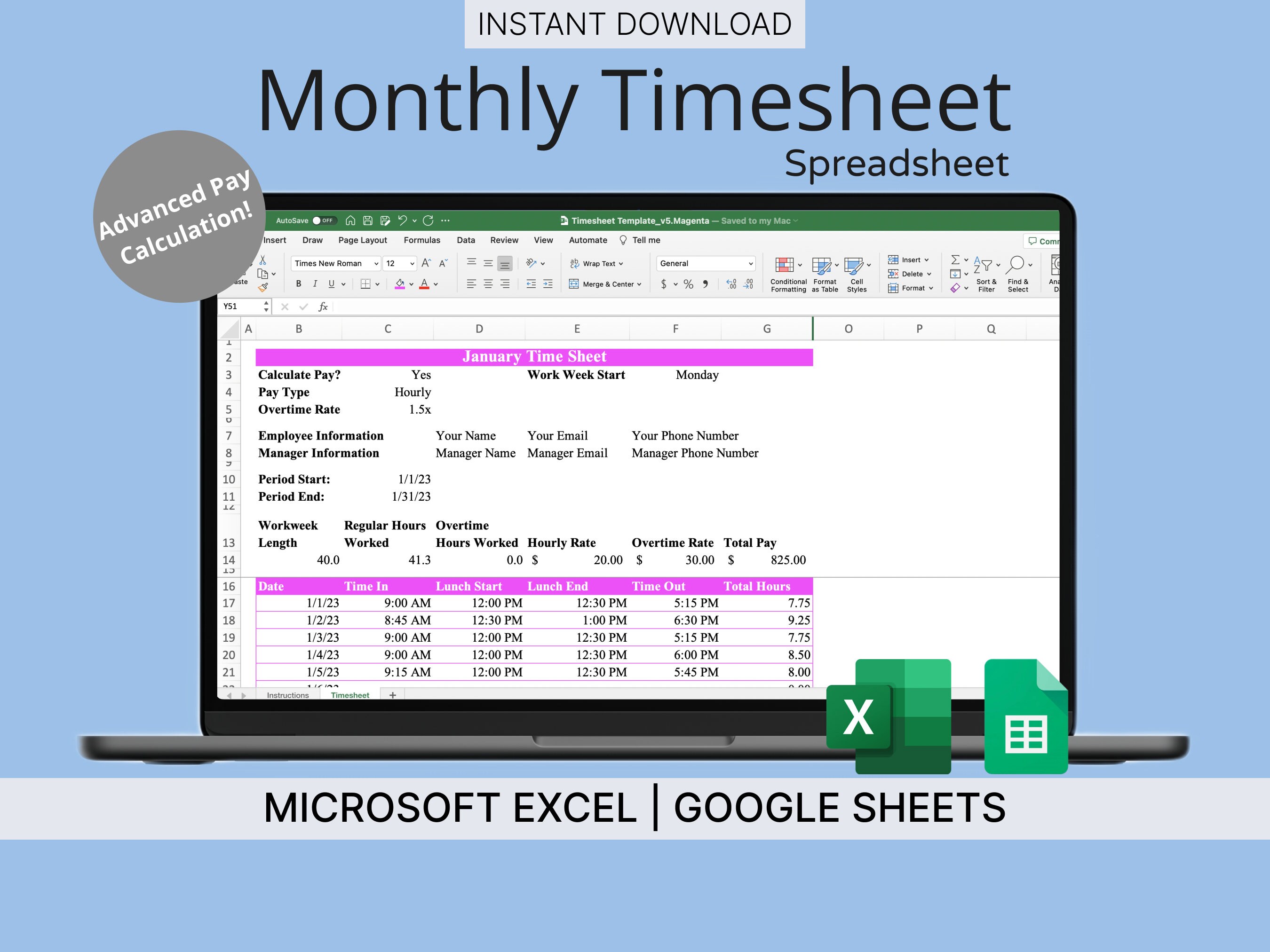 Monthly Timesheet Template for Microsoft Excel & Google Sheets (magenta ...