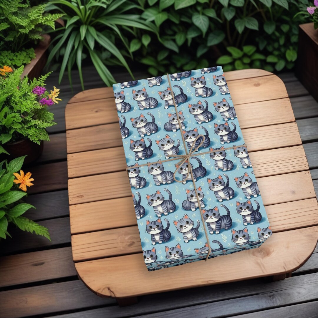 Gray Tabby Cat Gift Wrapping Paper, Cute Blue Cat Gift Wrap, Fun Feline ...