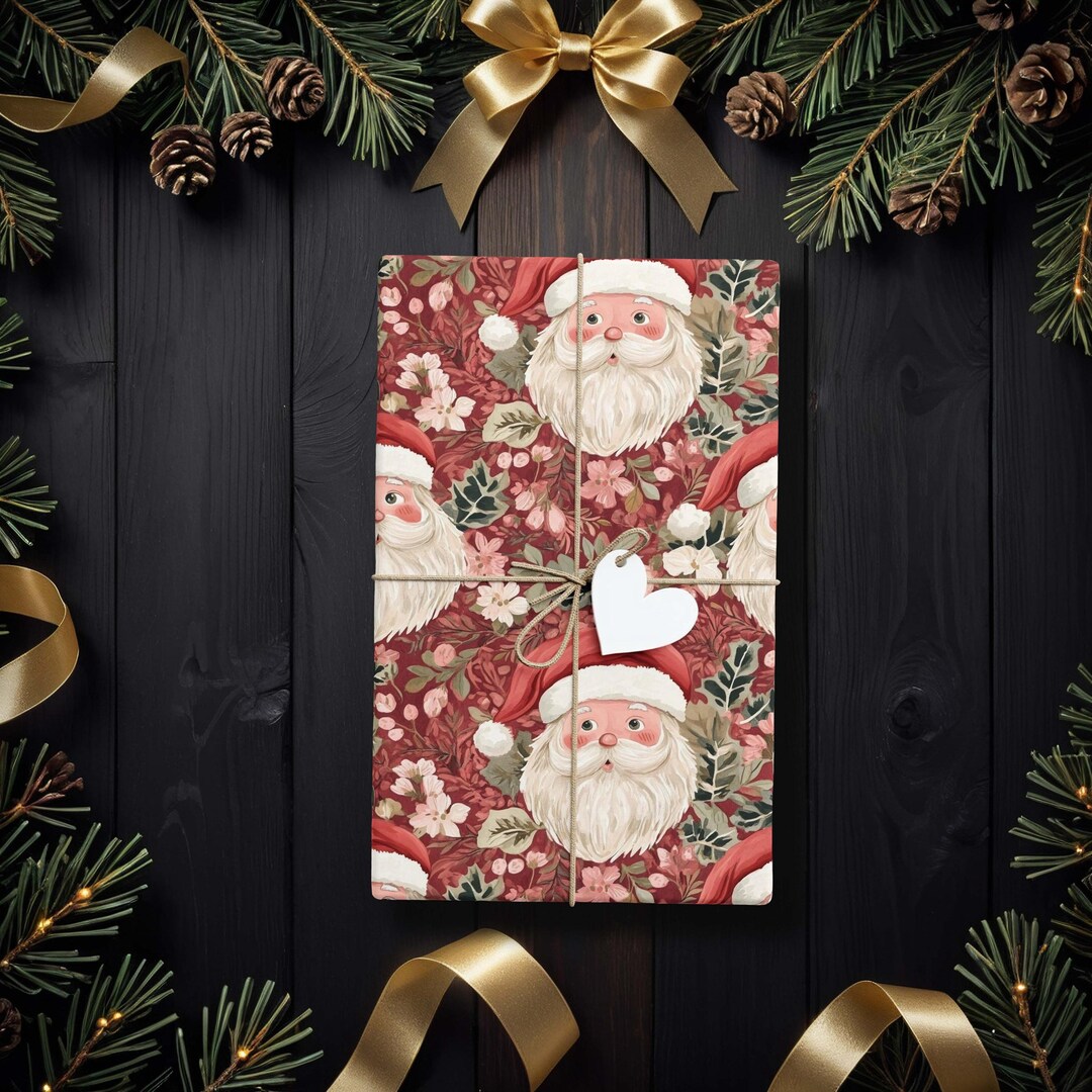 Rustic Floral Santa Gift Wrap, Vintage Red Christmas Wrapping Paper ...