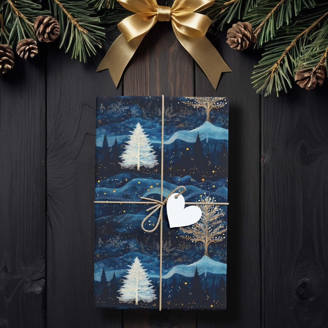 Midnight Constellation Pines Gift Wrap, Blue & Gold Winter Wonderland ...