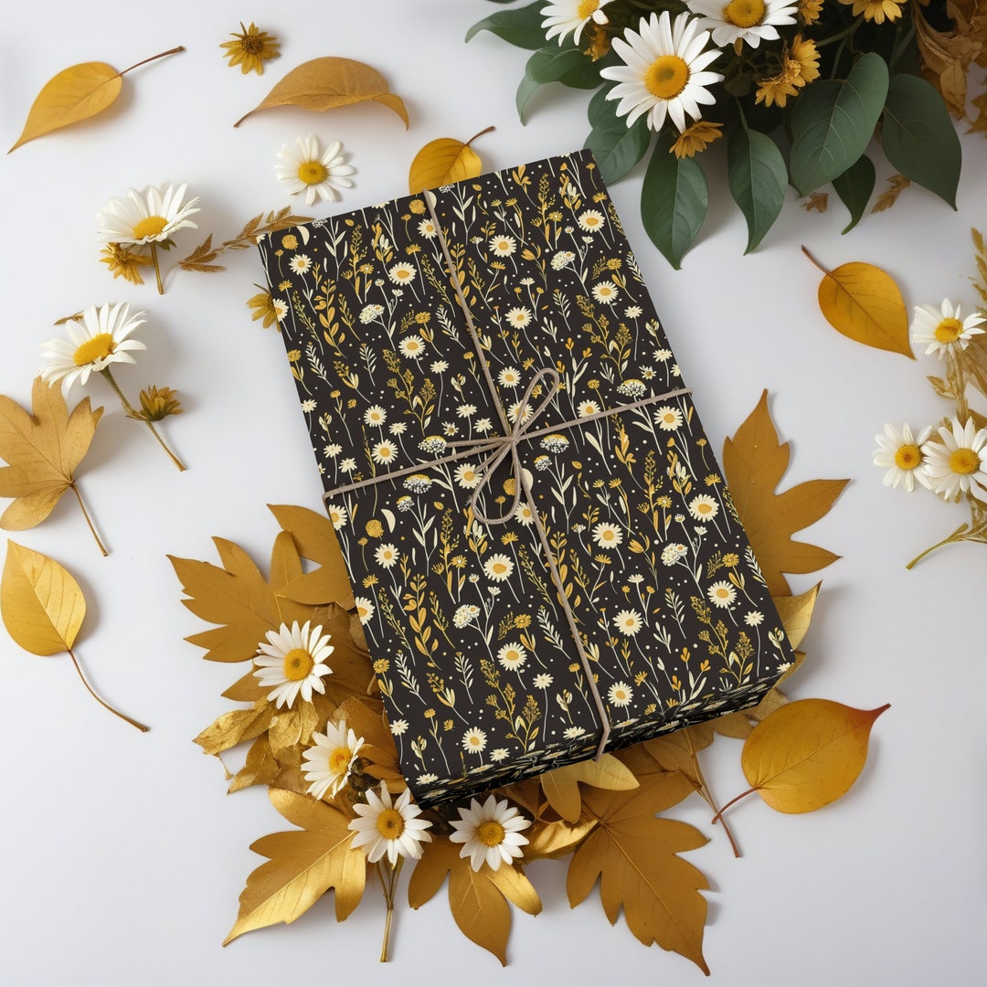 Stylish Vintage Daisy Gift Wrap, Elegant Black and Yellow Floral ...
