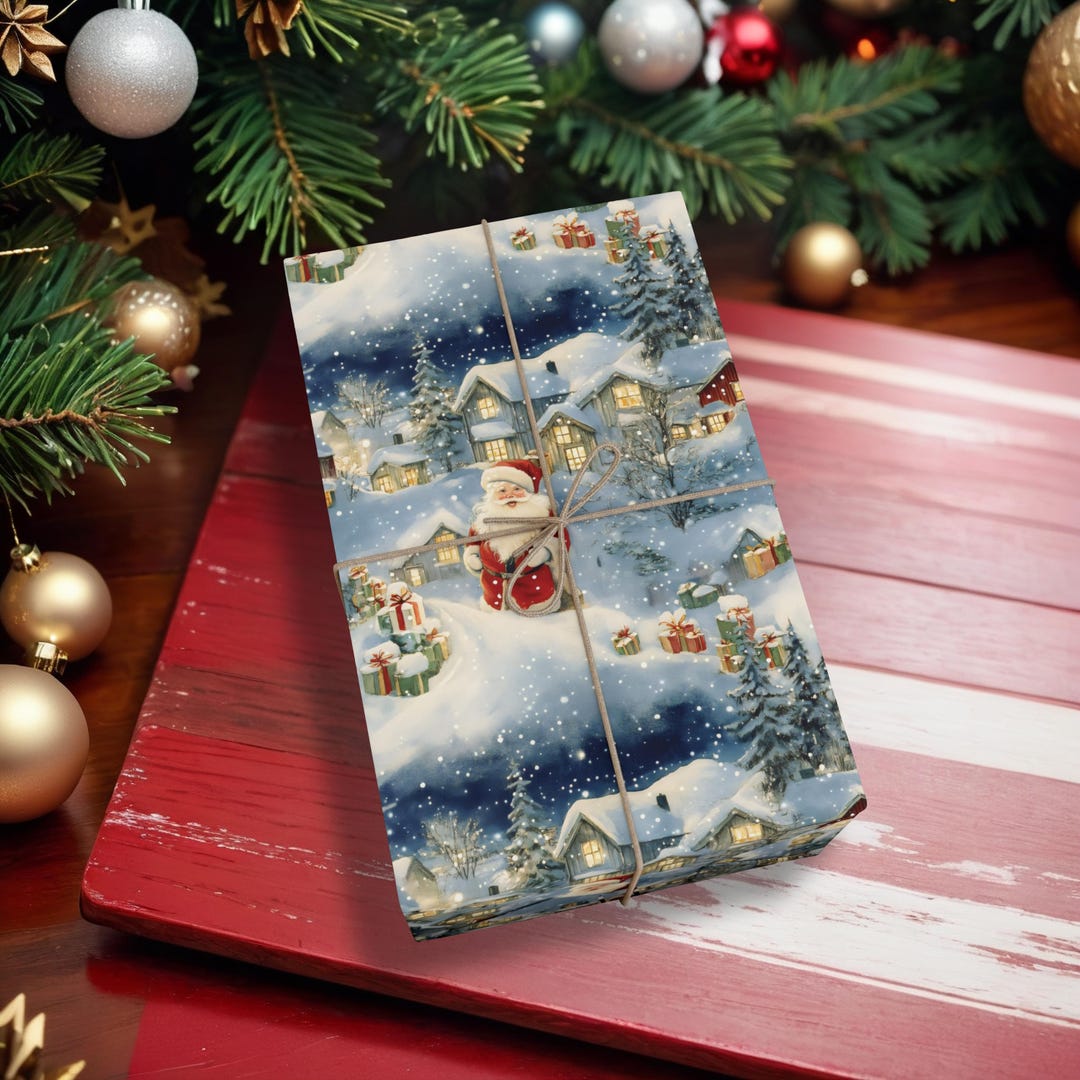 Santa Christmas Gift Wrap, Xmas Village Wrapping Paper With Festive ...