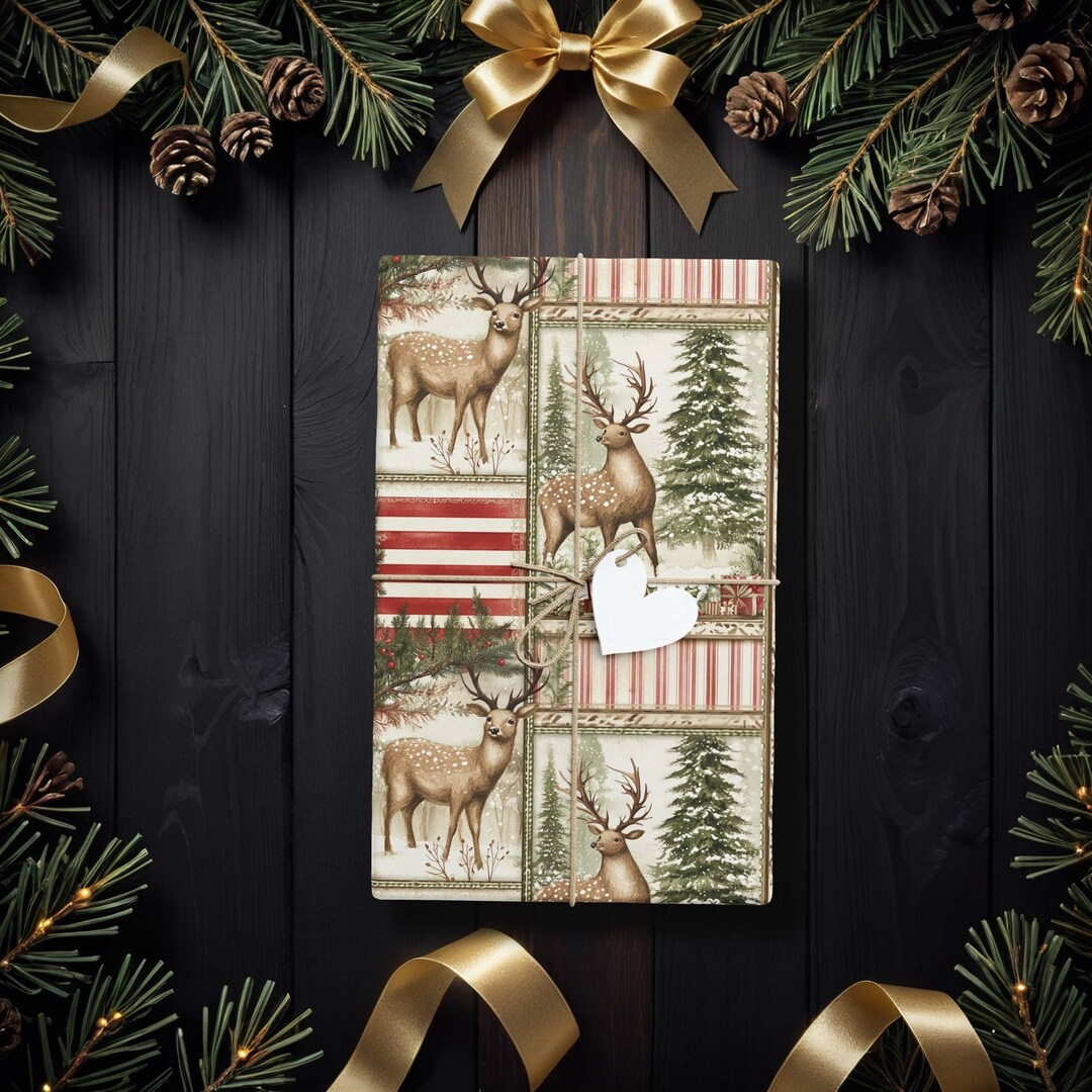 Rustic Deer Patchwork Christmas Wrapping Paper, Woodland Holiday Gift ...