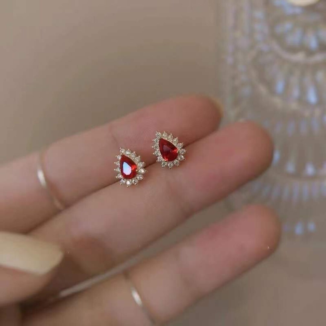 14K Gold Ruby Earrings Studs for Women, Red Stone Earrings, Dainty ...