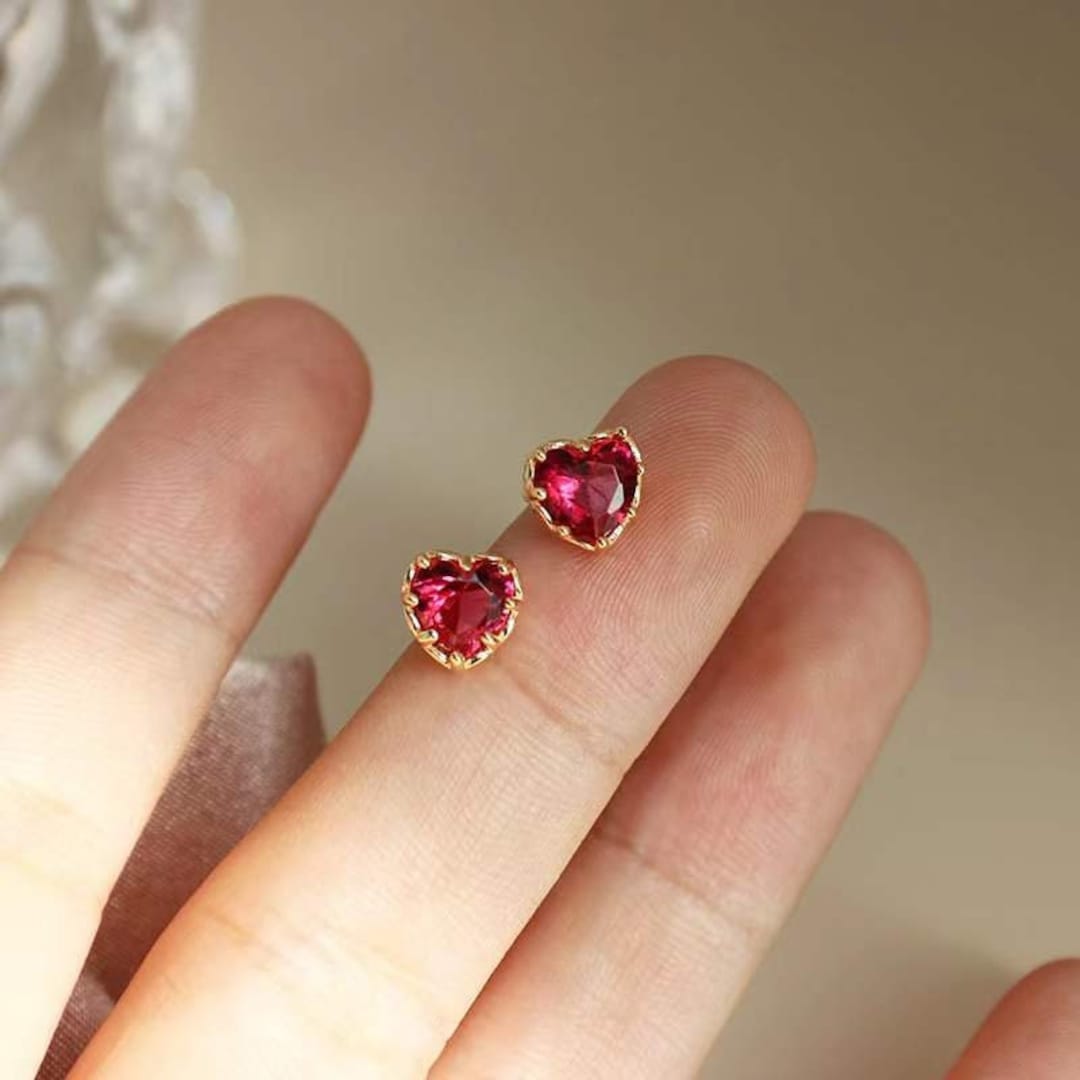 14K Gold Love Heart Ruby Earrings Studs for Women, Dainty Gemstone Earrings, 925 Sterling Silver ...
