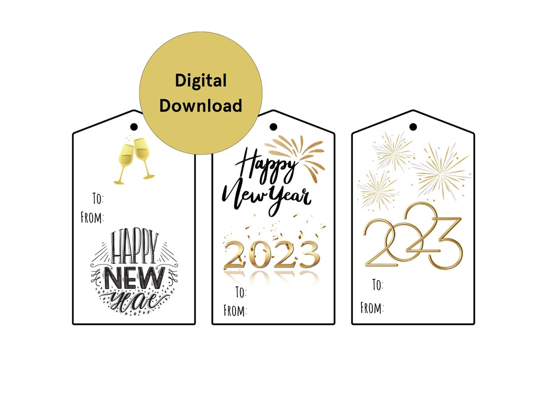 New Years Gift Tag, Digital Download, Black and Gold, Party Favor Tags ...
