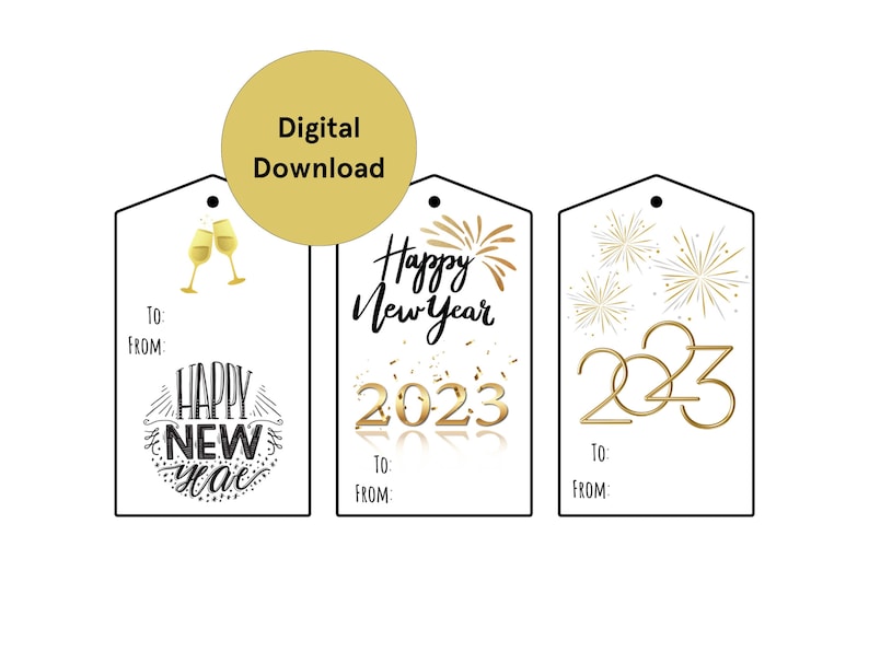 New Years Gift Tag, Digital Download, Black and Gold, Party Favor Tags ...