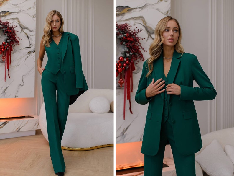Emerald Stunning Classic 3-piece Pantsuit. Dark Green Three Piece Women ...