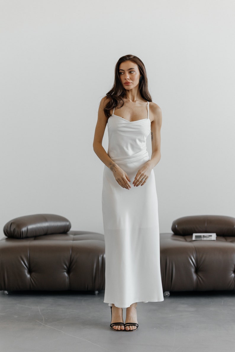 White Satin Slip Dress: Cowl Neck Backless Maxi Robe - Etsy