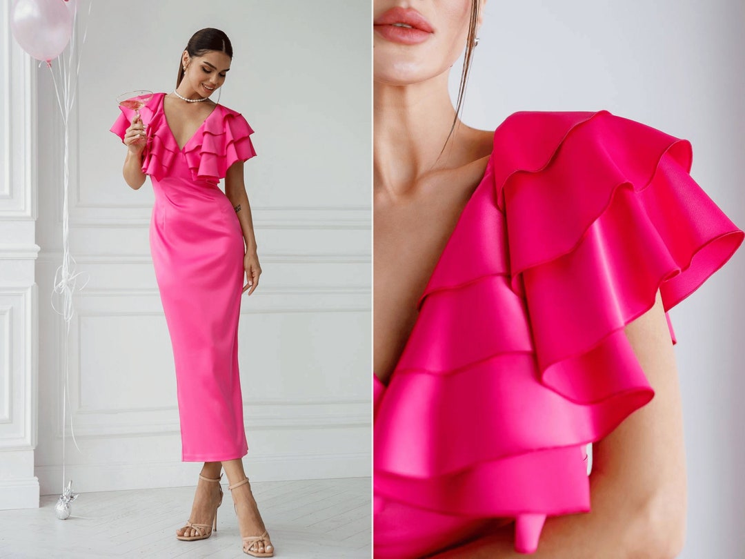 Hot Pink Ruffled Dress With Short Sleeves and V-neck. Midi Pink Satin ...