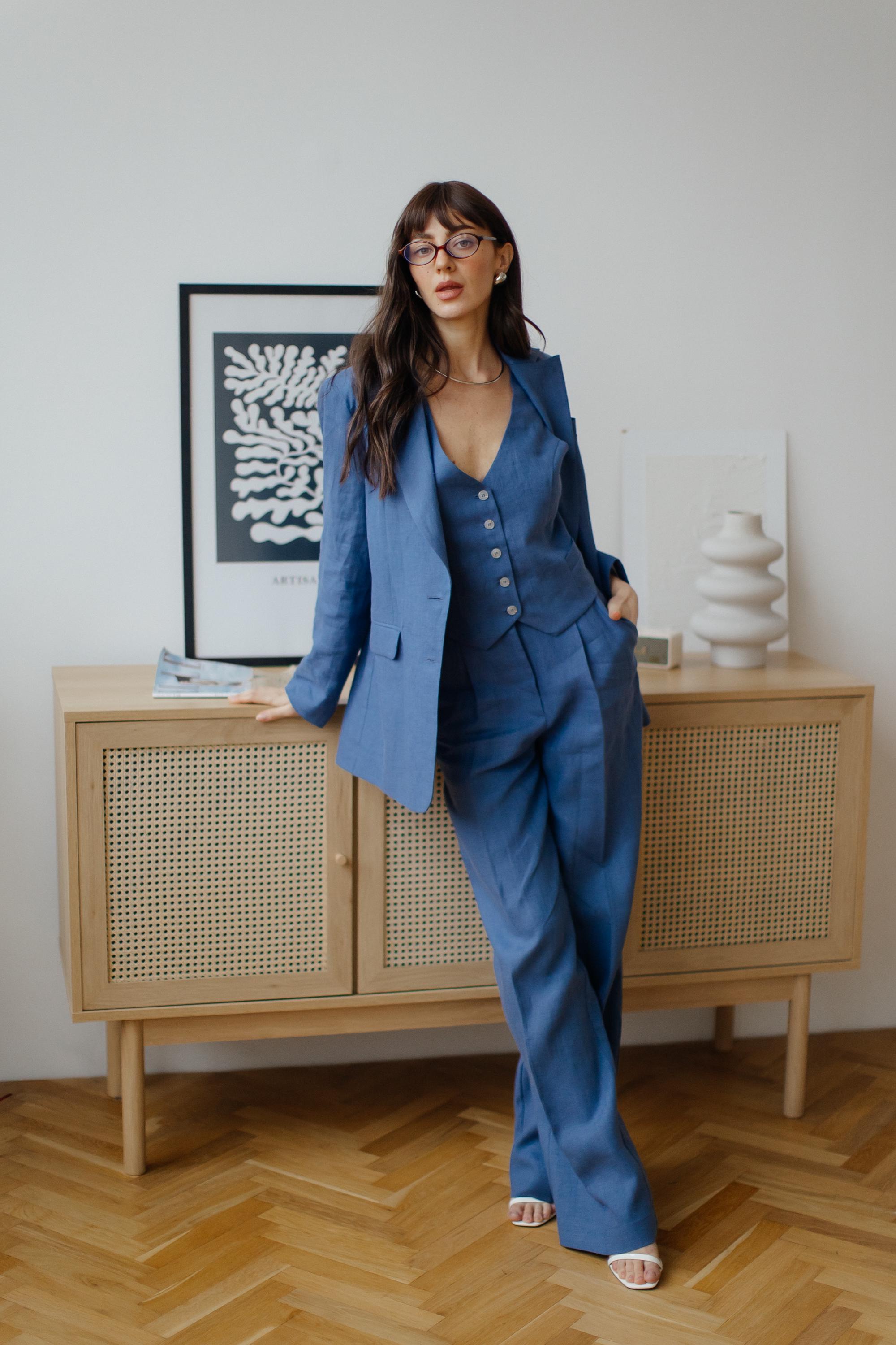 Dusty Blue Linen 3-piece Matching Suit Straight Jacket, Vest and ...