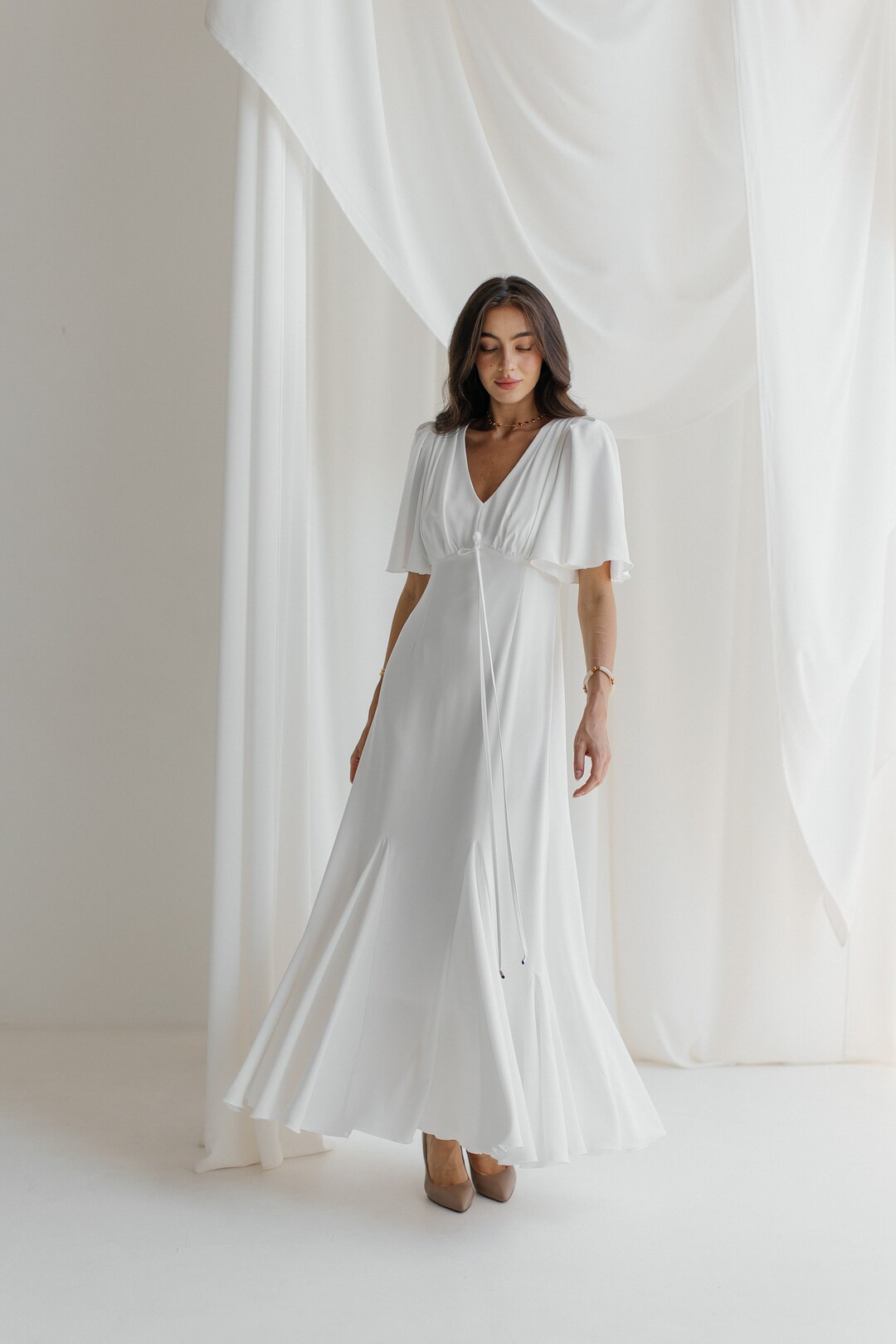 White Bridal Dress FLORA Short Sleeves. Simple Wedding Dress. Family ...