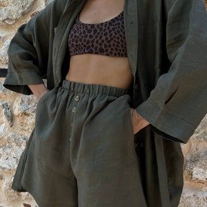 Khaki Linen 2 Piece Matching Summer Cotton Set. Suit With Oversized ...