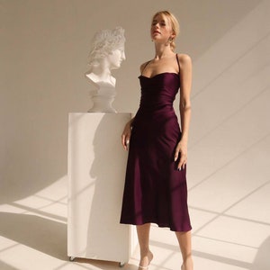 Wine Red Backless Silk Slip Dress for Occasion. A-line Satin Dress Cowl ...