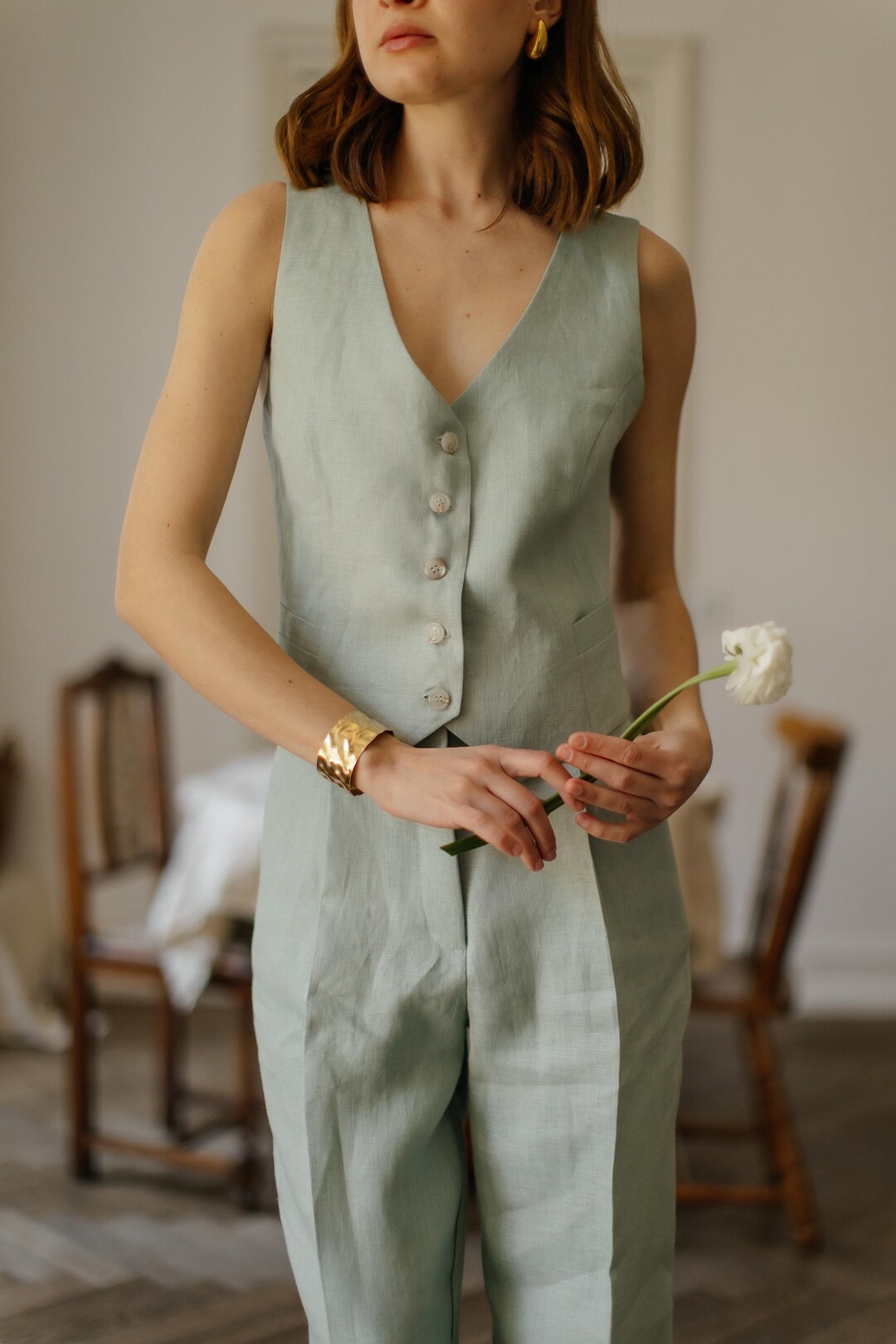 Sage Green Linen 2-piece Matching Suit With Vest and Palazzo Pants ...