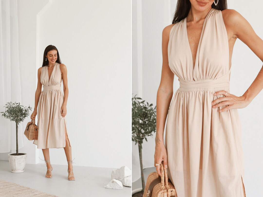 Natural Cotton Midi Sundress. Beige Lightweight Summer Beach Dress ...