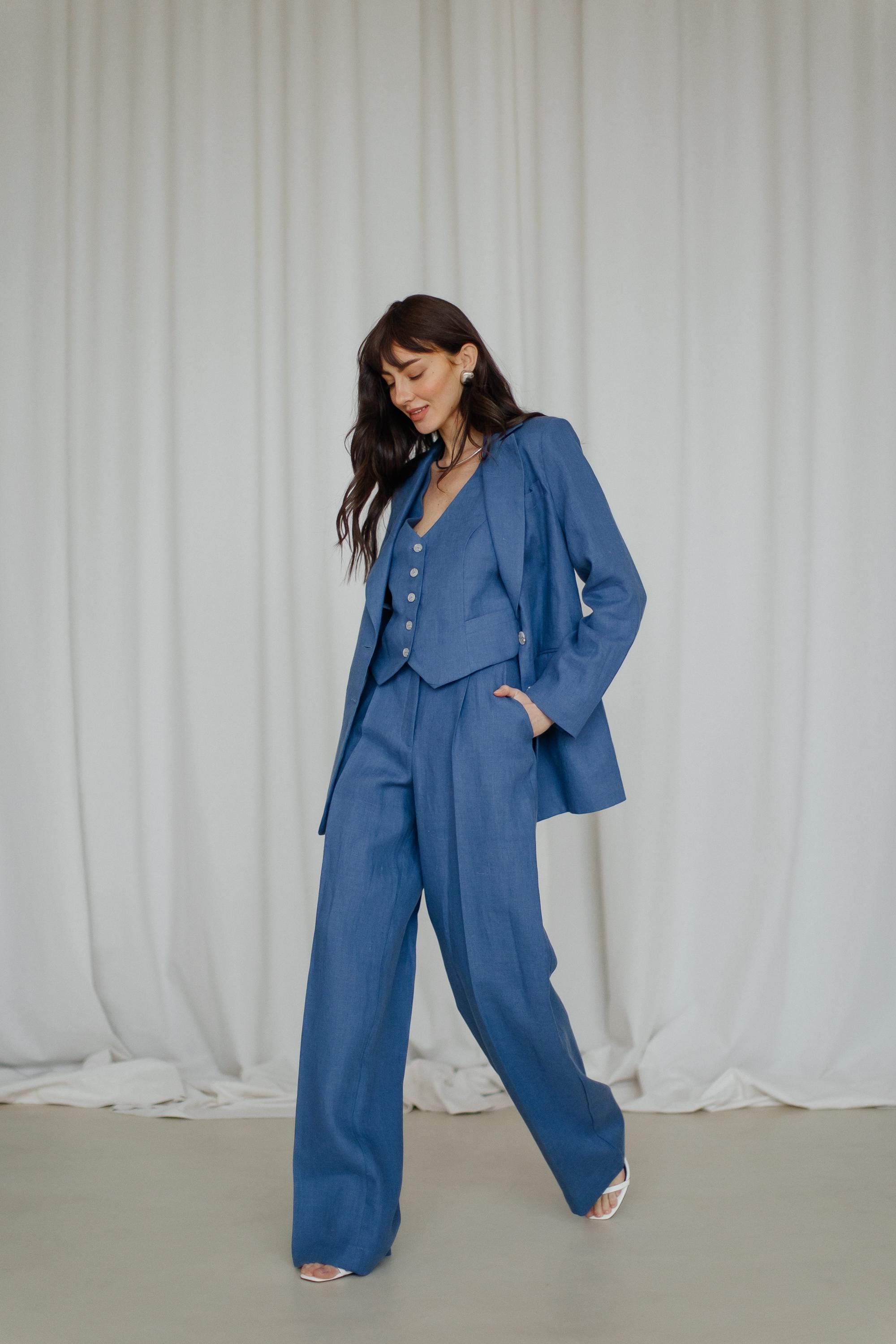 Dusty Blue Linen 3-piece Matching Suit Straight Jacket, Vest and ...