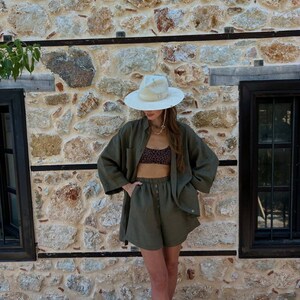 Khaki Linen 2 Piece Matching Summer Cotton Set. Suit With Oversized ...