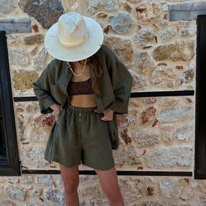 Khaki Linen 2 Piece Matching Summer Cotton Set. Suit With Oversized ...