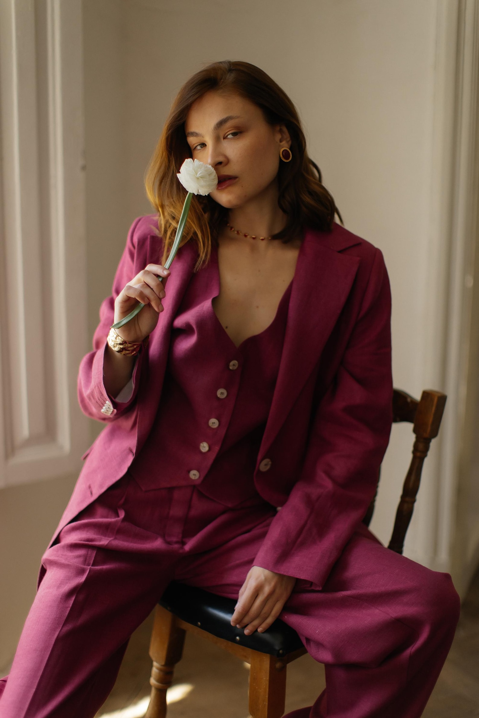 Dark Raspberry Linen 3-piece Matching Suit Straight Jacket, Vest and ...