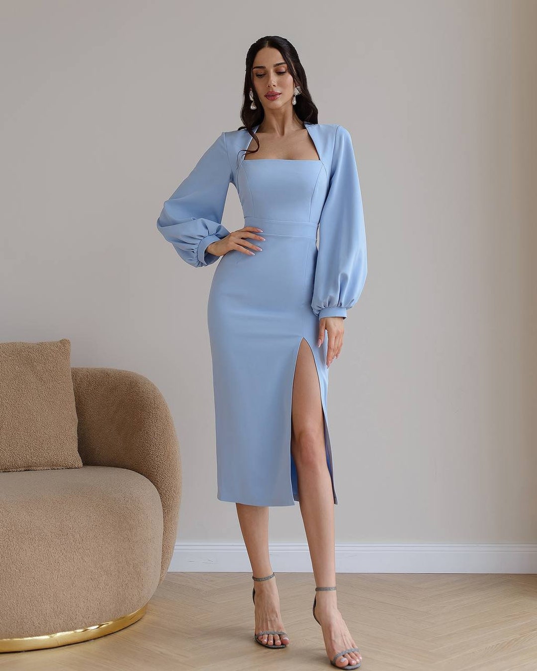 Sky Blue Wedding Guest Dress. Wedding Dress With Puff Long Sleeves ...