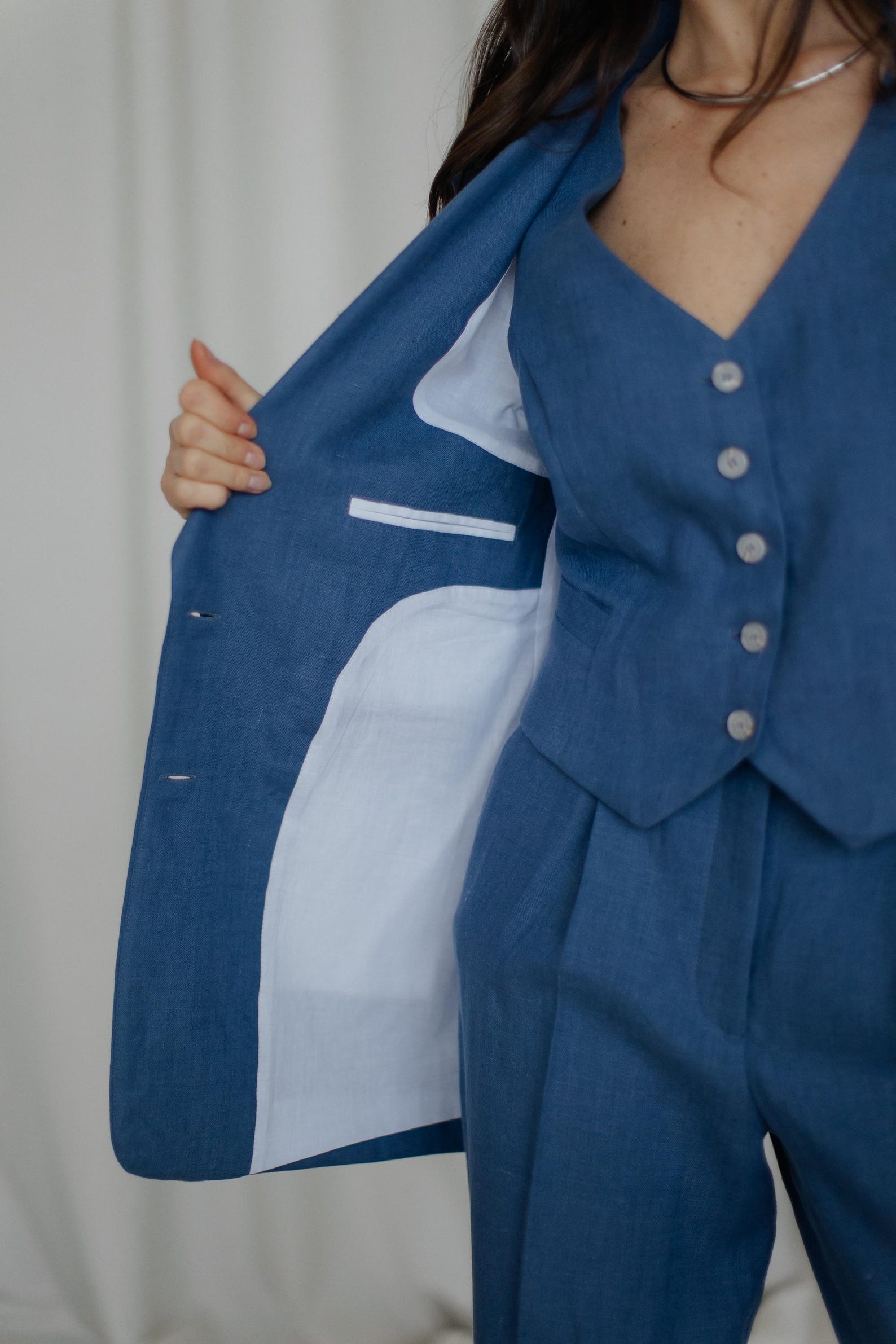 Dusty Blue Linen 3-piece Matching Suit Straight Jacket, Vest and ...