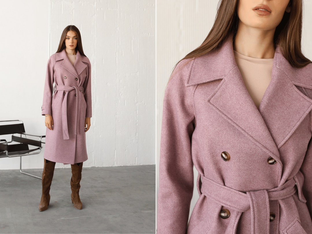 Spring Dusty Pink Coat, Wool Wrap Coat. Long Wrap Coat. Double Breasted ...