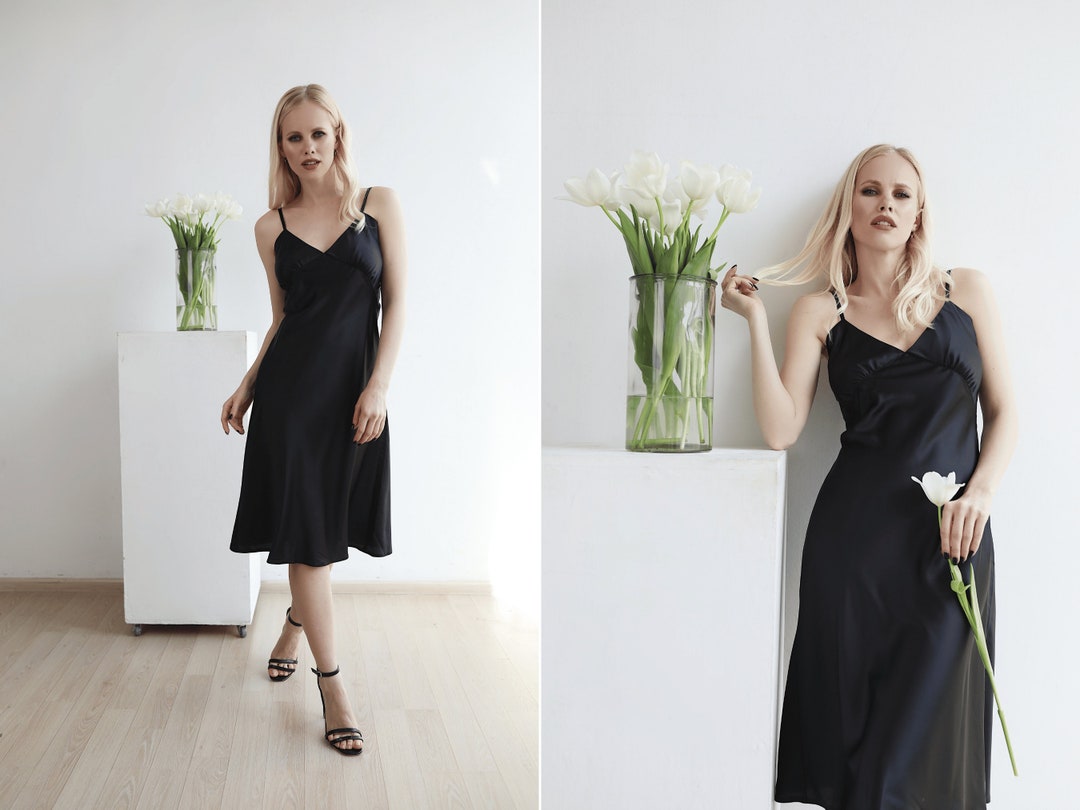 Black Midi Silk Slip Dress, Black Silk Camisole Dress, Silk Dress for ...