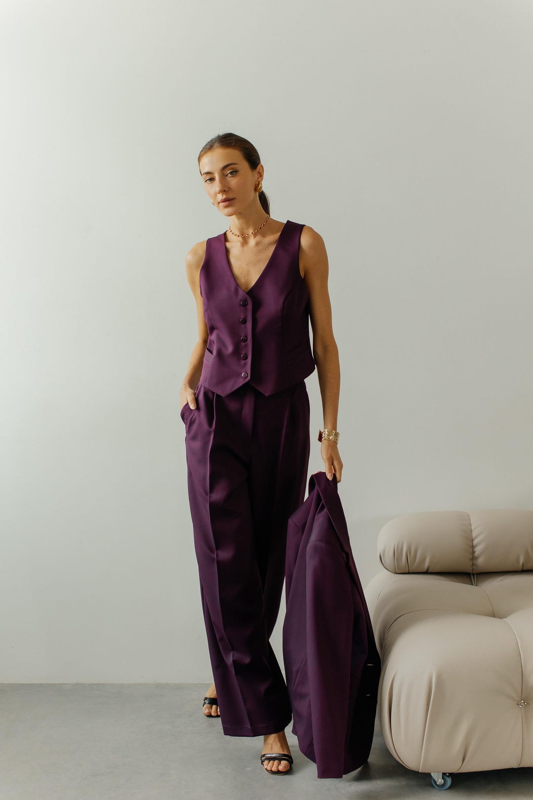 Burgundy Vest Pantsuit: Women's Palazzo Trousers, Classic Two-piece Set ...